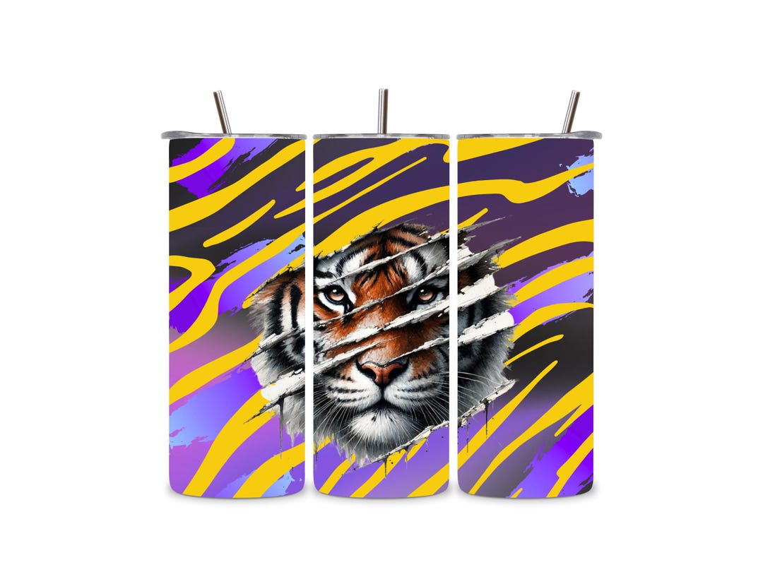 Digital PNG Tiger Ripping Through Purple and Gold Tiger Stripes Tumbler ...