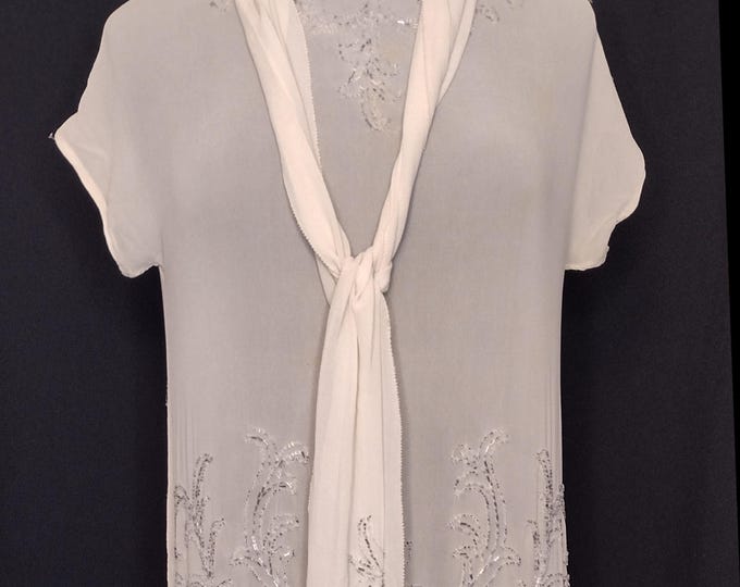 1920's 20s Silver Ivory 2 Piece Silk Crepe Dress / Heavily Beaded ...