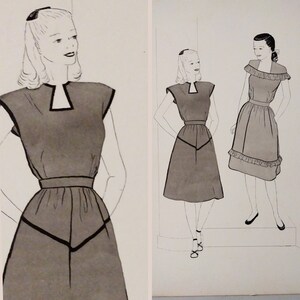 Original 1940's 40s Hand Drawn Fashion Illustration SET of 3 / Drawings ...