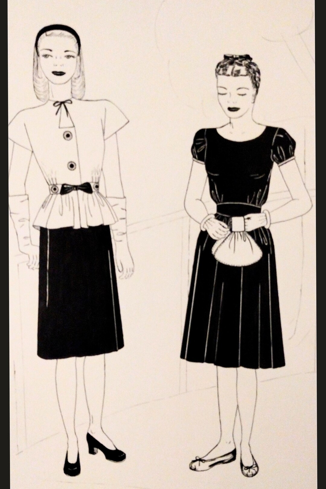 Original 1940's 40s Hand Drawn Fashion Illustration SET of 3 / Drawings ...