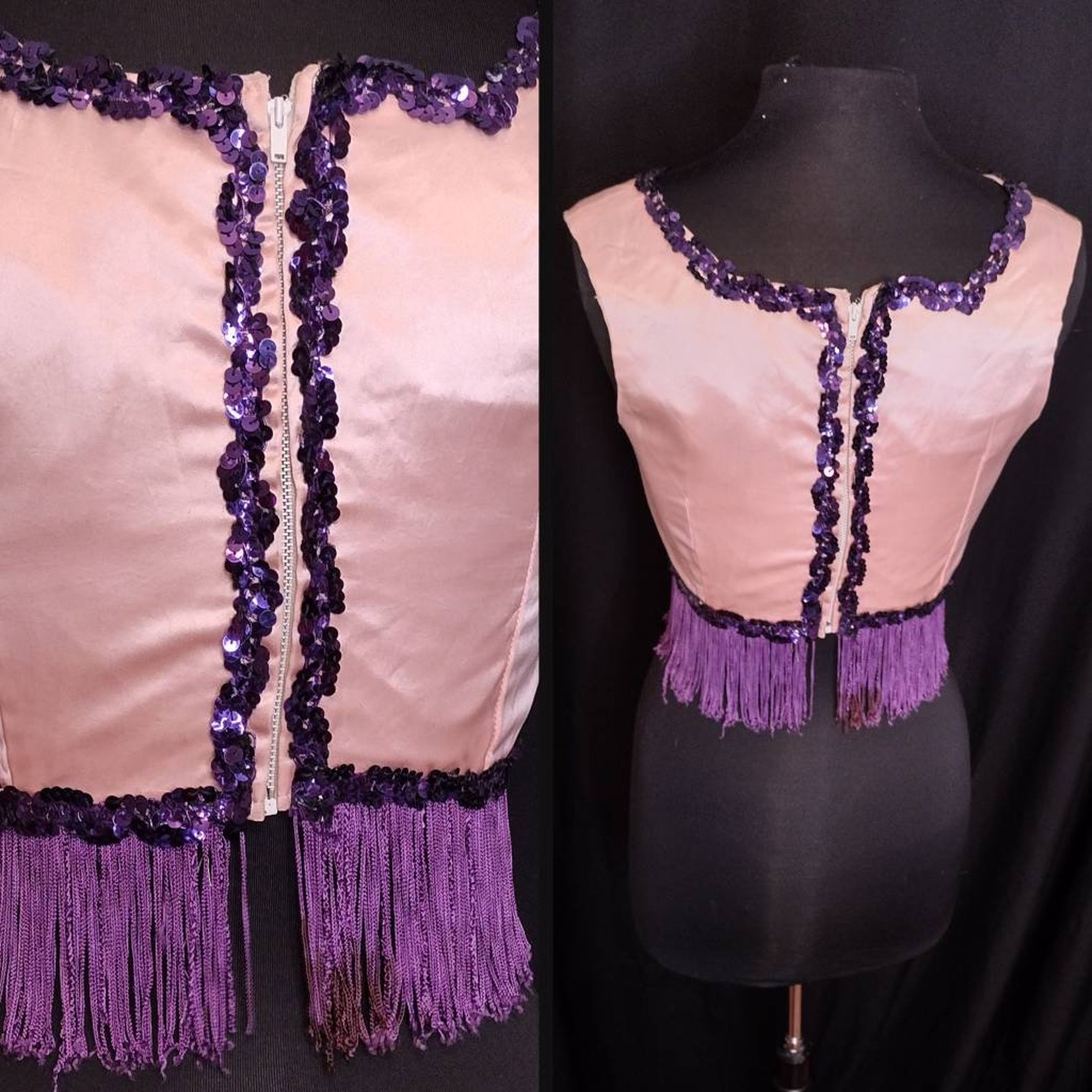 1950's 50s Pink Satin Crop Top With Purple Fringe & Sequins / Costume ...
