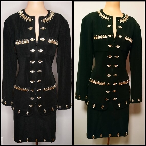 1980's 80s Stretch Black Studded Suit / Blazer & Skir… - Gem