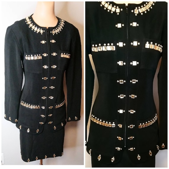 1980's 80s Stretch Black Studded Suit / Blazer & Skir… - Gem