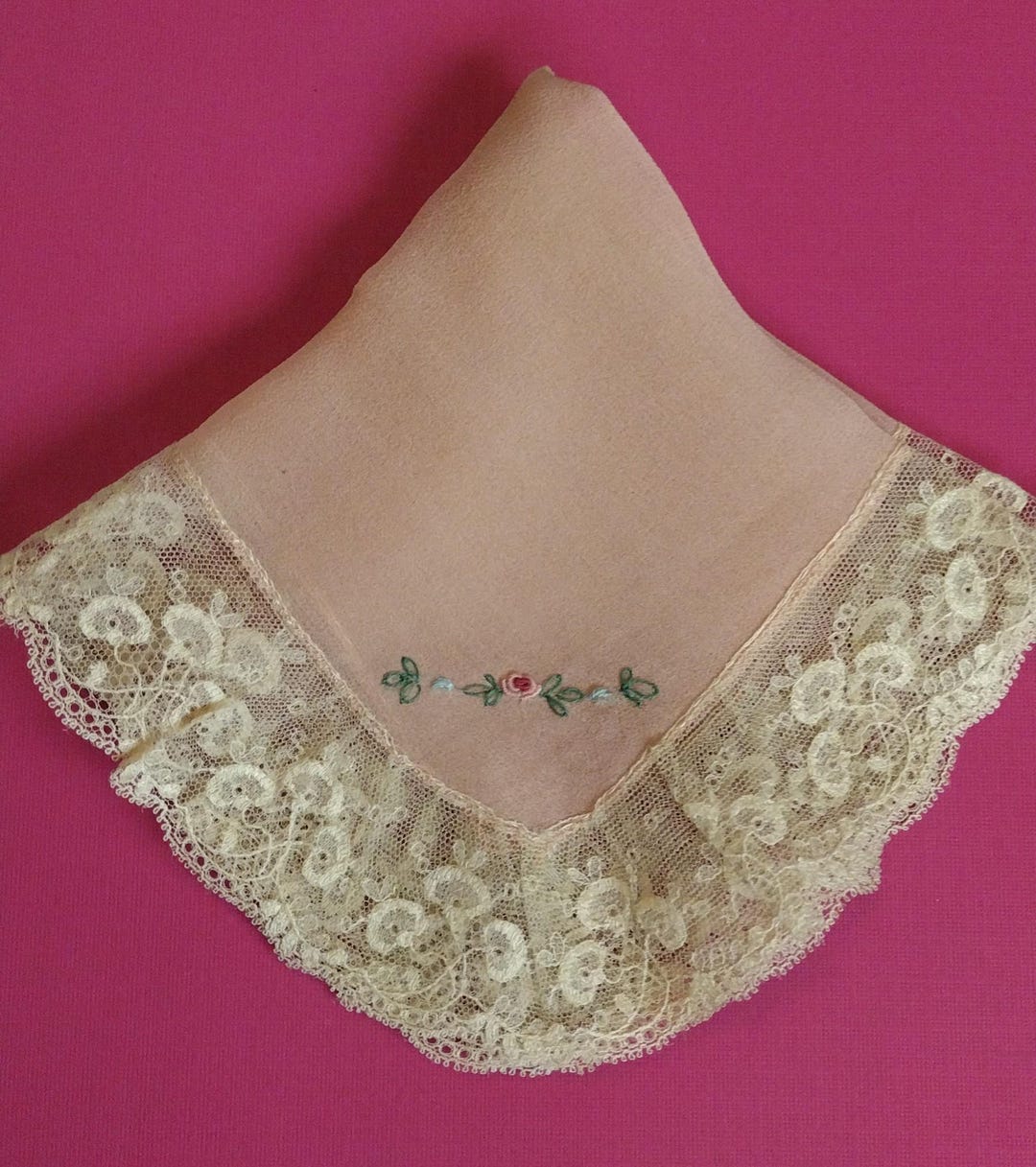 1920s Rose Embroidered Silk Handkerchief With Lace Trim - Etsy
