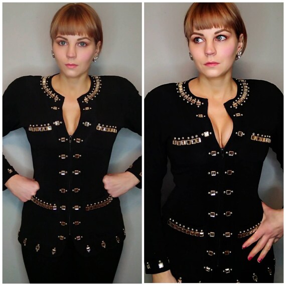 1980's 80s Stretch Black Studded Suit / Blazer & Skir… - Gem
