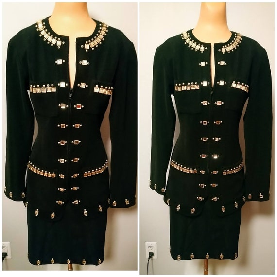 1980's 80s Stretch Black Studded Suit / Blazer & Skir… - Gem