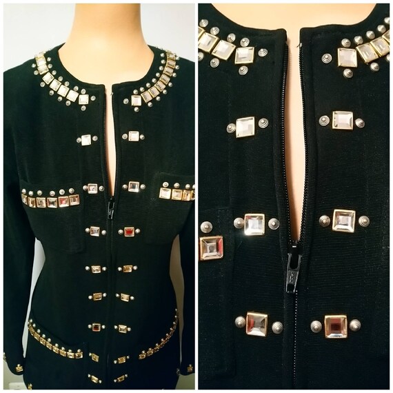 1980's 80s Stretch Black Studded Suit / Blazer & Skir… - Gem