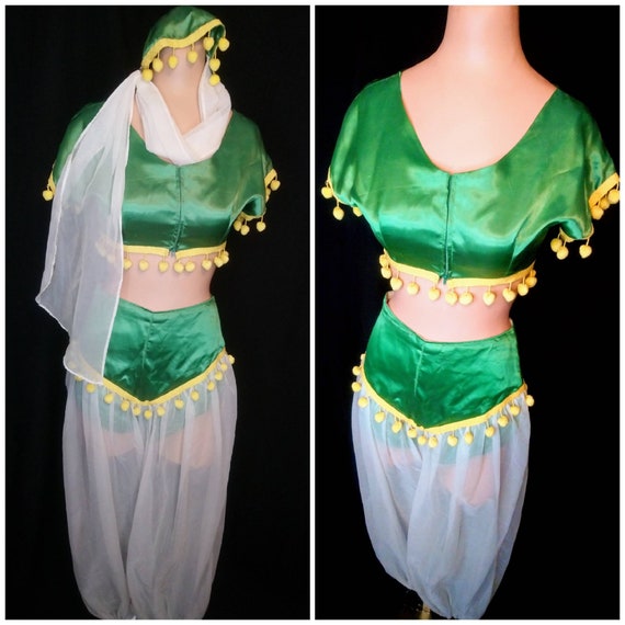 1950s Harem Girl Costume Green Satin Genie Belly Gem