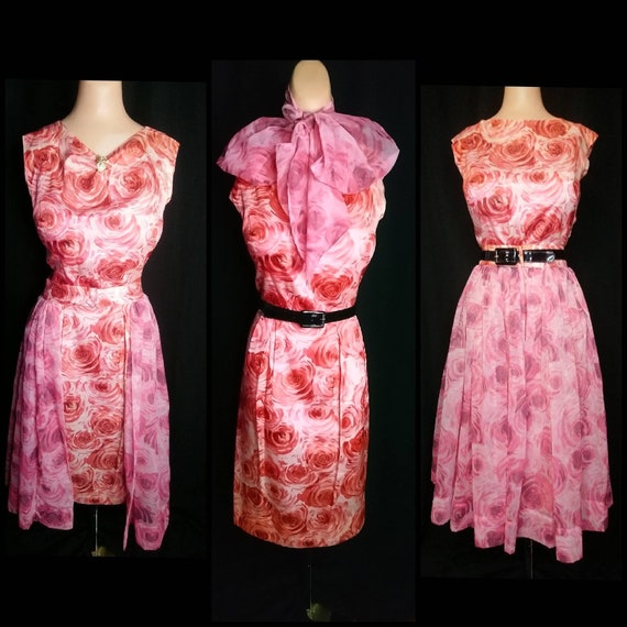 1950's 50s 3 Piece Set /Pink Abstract Watercolor Rose… - Gem