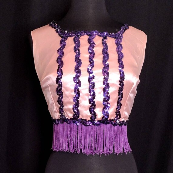 1950's 50s Pink Satin Crop Top With Purple Fringe & S… - Gem