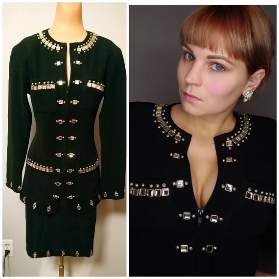 1980's 80s Stretch Black Studded Suit / Blazer & Skir… - Gem