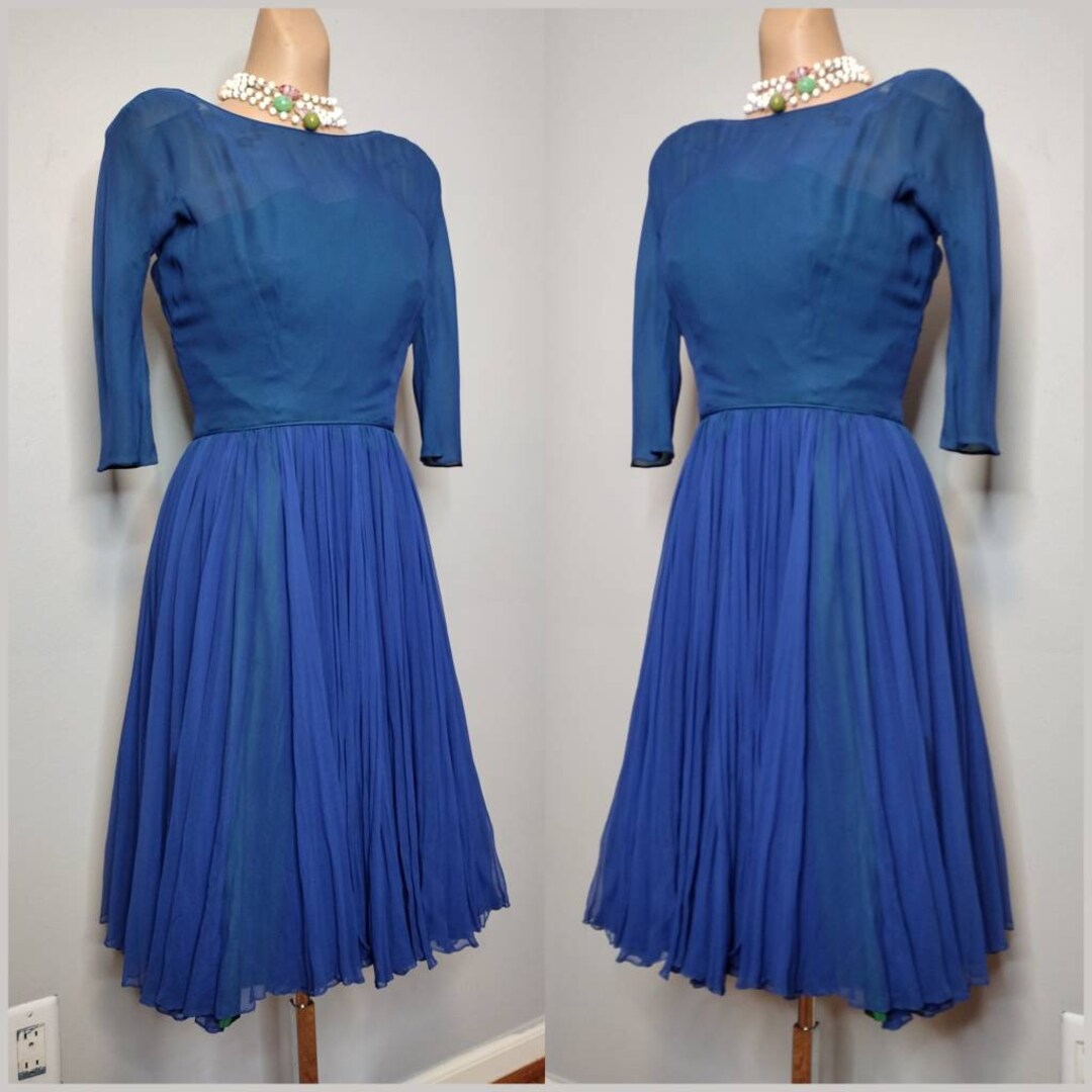 1950's Arnold SCAASI Designer Silk Cocktail Dress/ Royal Blue Emerald ...