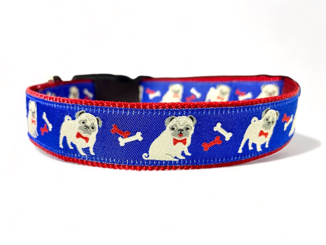 Pug - Blue - Red - Dog Collar - 1" Wide - Etsy