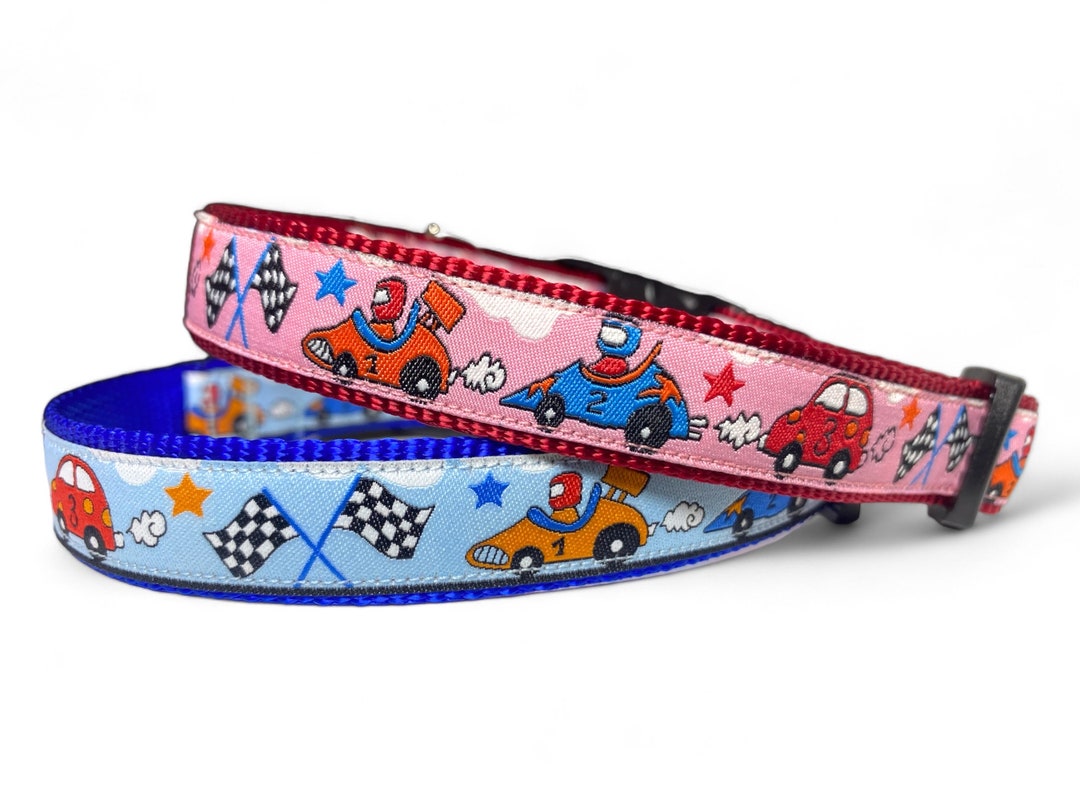 Race Car - Blue - Pink - Dog Collar - 3/4