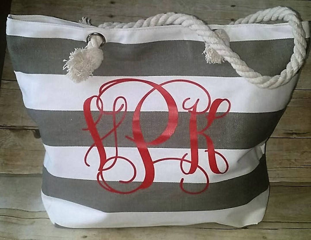 Monogrammed Beach Bag Grey and Red Beach Tote Grey and Red - Etsy