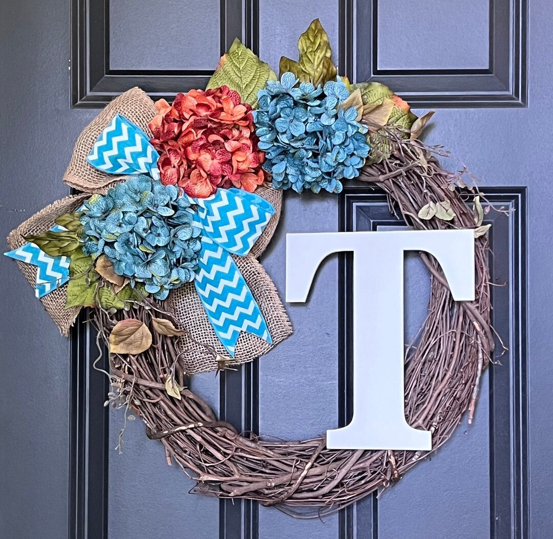 Monogram Hydrangea Wreath, Personalized Housewarming Door Decor ...