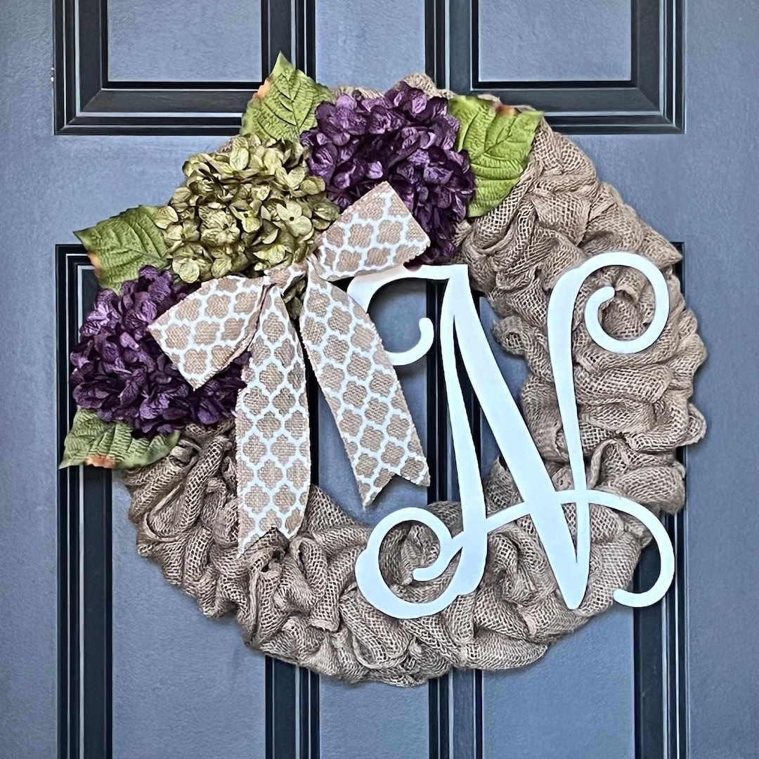 Burlap Wreath With Initial Monogram, Purple Green Hydrangeas Weath ...