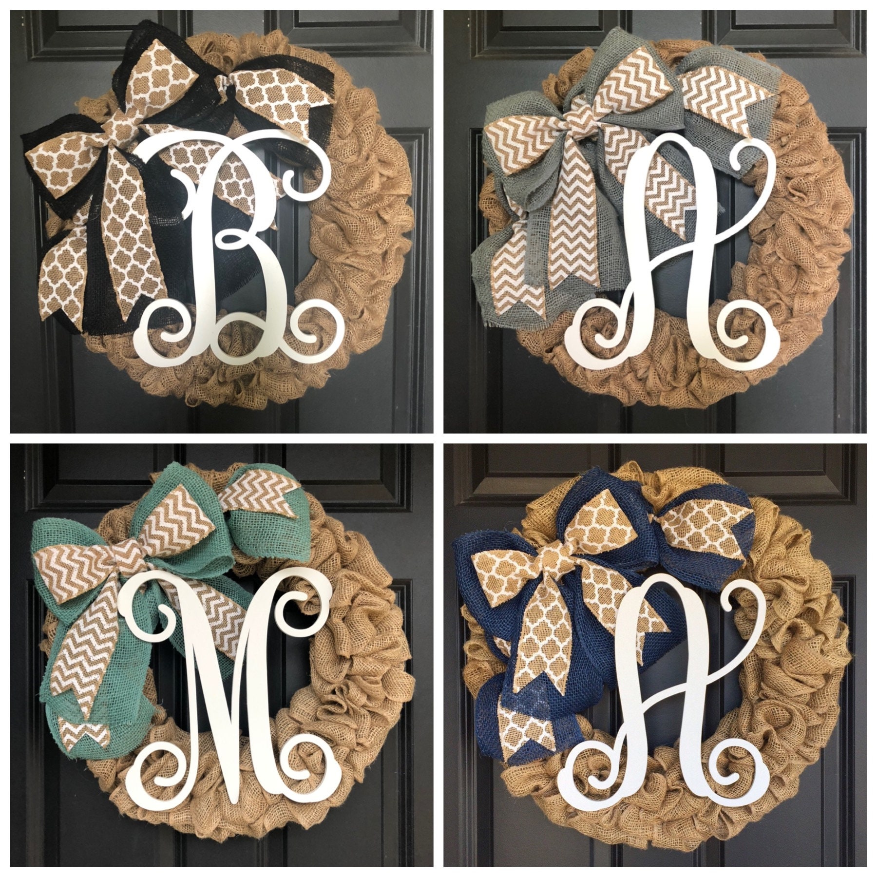 Burlap Wreath With Initial Monogram Wreath Chevron Wreath | Etsy