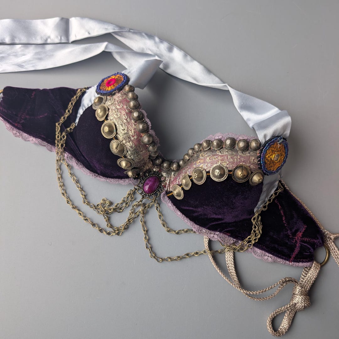 Purple Velvet ATS Tribal-bra With Old Silk Sari Border and Brasstoen ...
