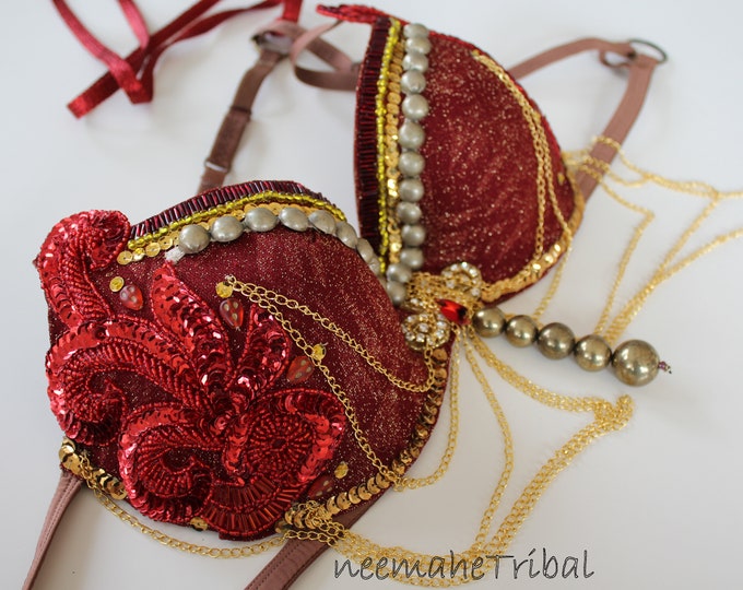 Red and Gold Shimmering Tribal Fusion Bellydance Bra, Size 75D, US34C-D ...