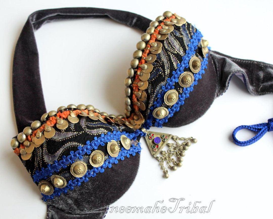 Steelblue Velvet Tribal Bra Eu Size 75B, US UK 34B With Brasstone Metal ...