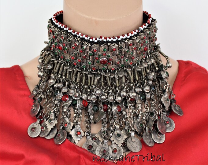 Vintage Kuchi Tribal-choker From Afghanistan With Green and Red Glass ...