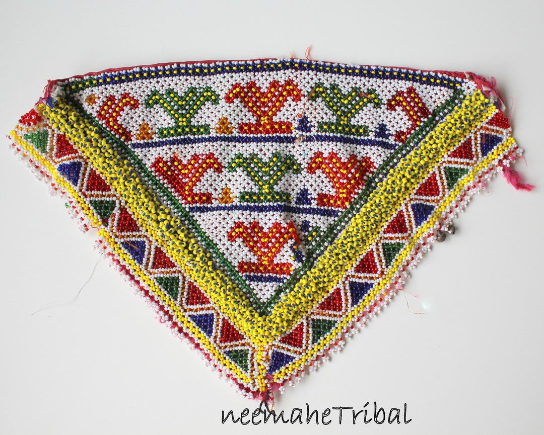 White Triangular Beaded Kuchi Patch With a Yellow Beaded Border - Etsy