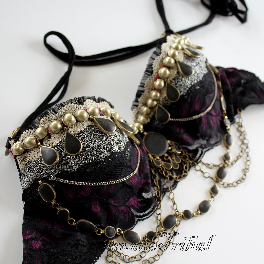 Black Gothic Tribal Fusion Bra, Small Size 32B-34A, Handmade OOAK ...