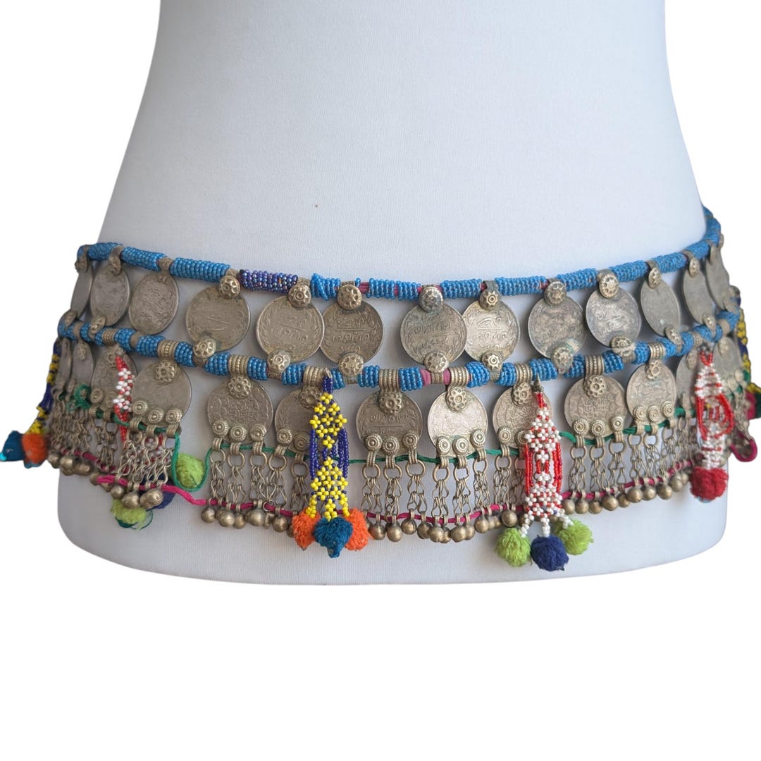 Vintage Blue Double Row Coin Belt, Tribal Fusion, Tribal Style Dance ...