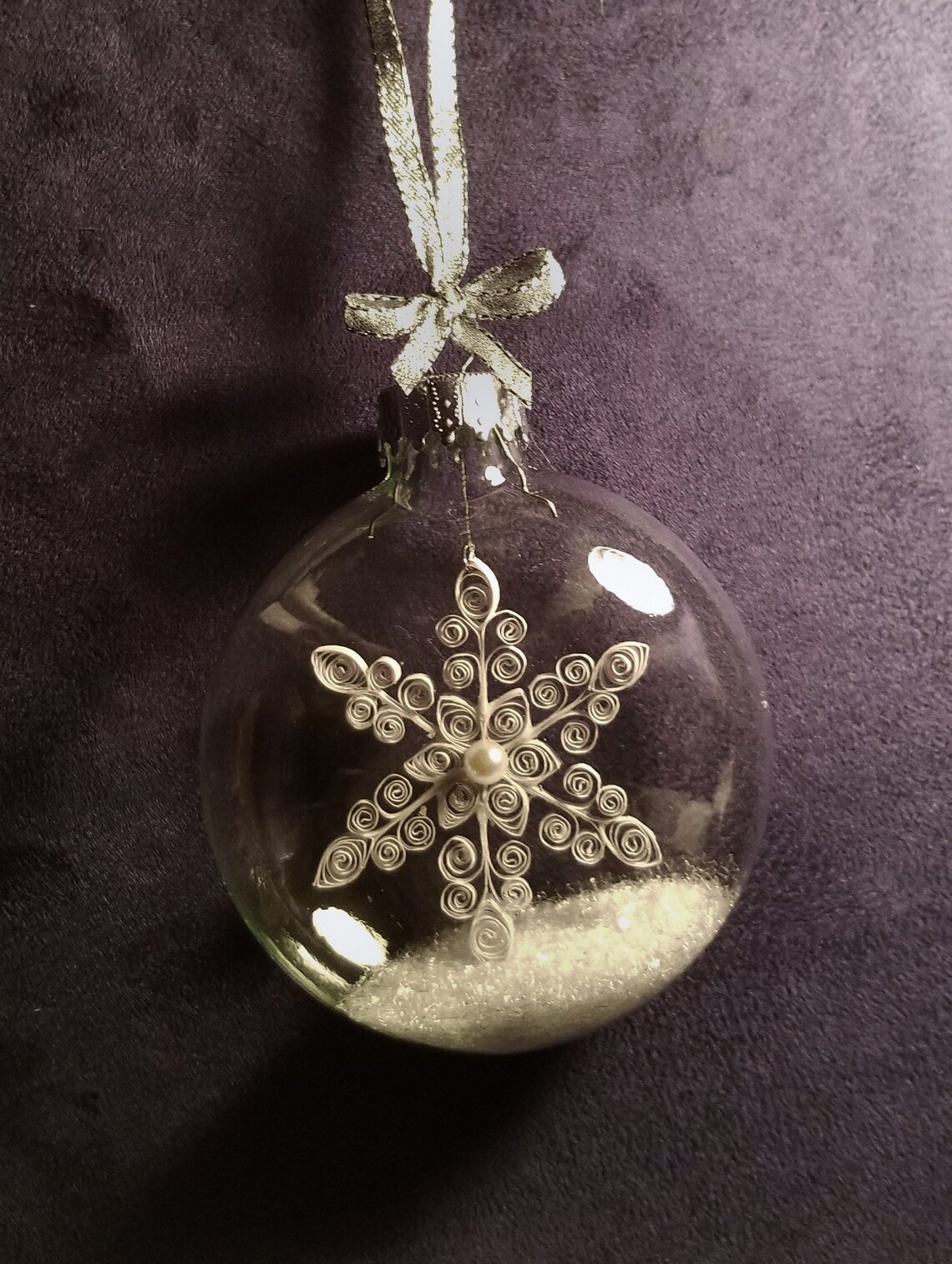 White Pearl Quilled Snowflake INSIDE Clear Glass Ornament With German ...