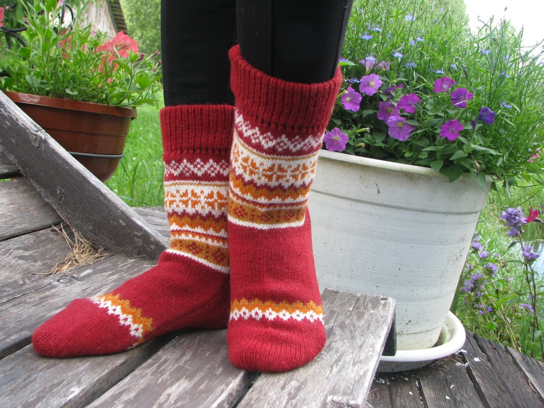 Knit Socks Wool Socks Red Socks Christmas Socks Nordic Socks Winter ...