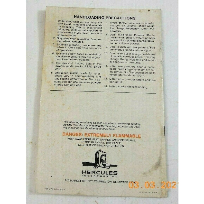 1978 Reloaders Guide for Hercules Smokeless Powders Soft Bound Edition ...