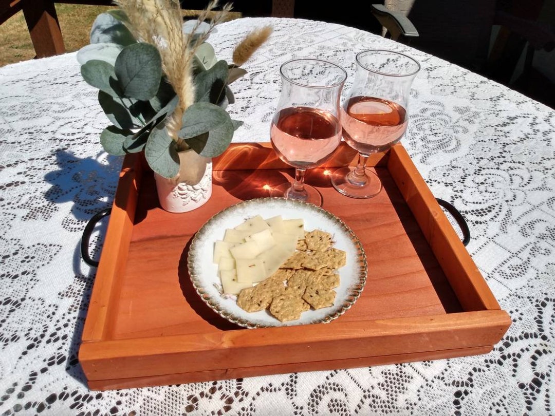 Wood Serving Tray /sequoia Wood Tray With Black Handles/ Picnic Tray ...