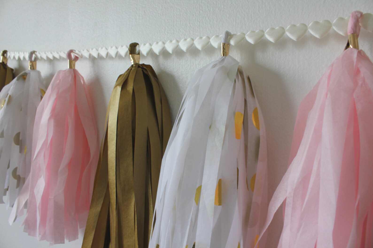 Tissue Paper Tassel Garland // Pink and Dots // Blush Pink, Gold Polka ...