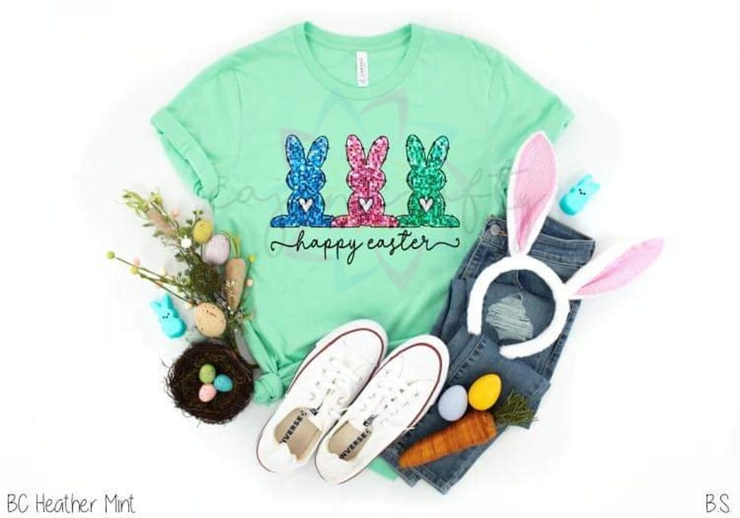 Happy Easter - ADULT - Unisex Shirt - Easter - Glitter Faux Sequin Look ...