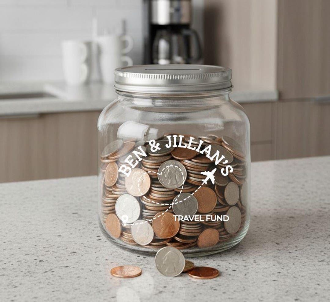 Personalized Travel Fund Bank – Custom Engraved Half Gallon Glass Coin ...