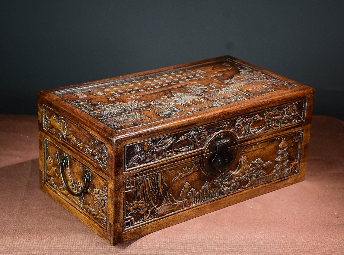 Chinese Antique Hand Carved Rosewood Landscape Pavilion Pattern Jewelry ...