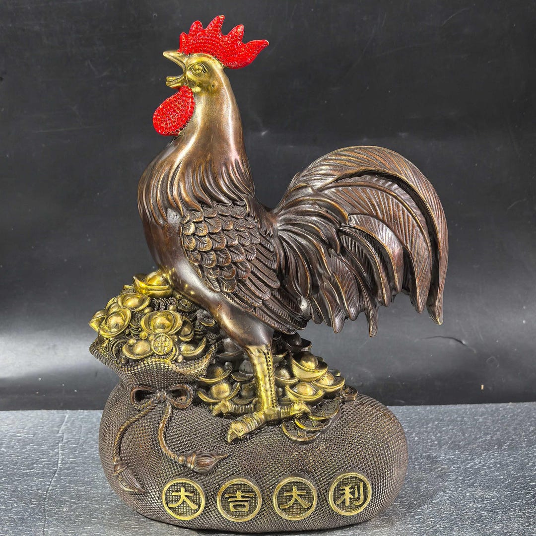 Chinese Antique Handmade Carved Pure Copper Gilded Daji Dali Rooster ...