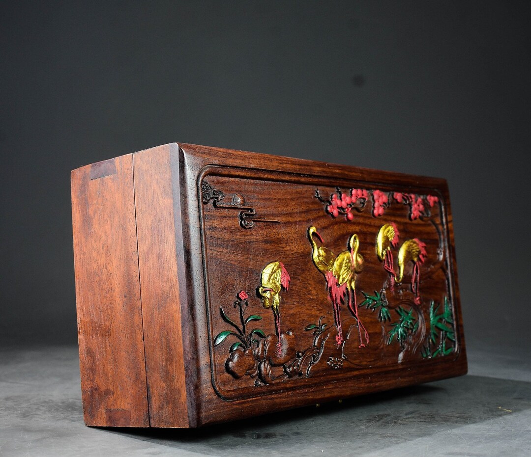 Chinese Pure Hand Carved Rosewood With Painted Pine and Crane Patterns ...