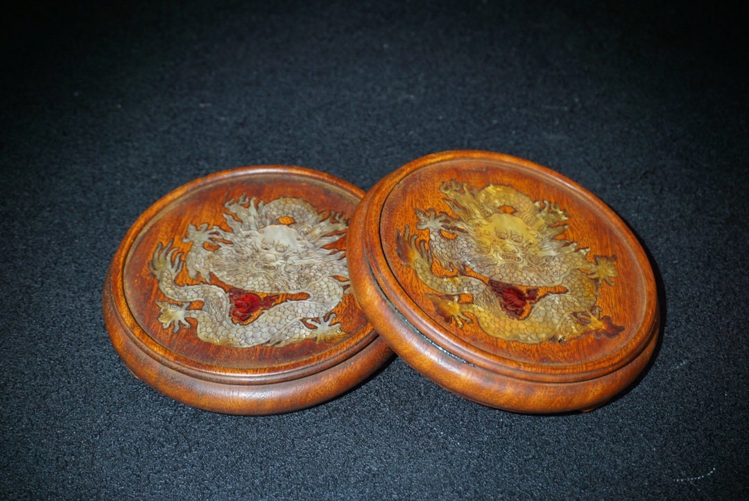 Ancient Chinese Pure Hand-carved Rosewood Inlaid Shell Round Base Tray ...