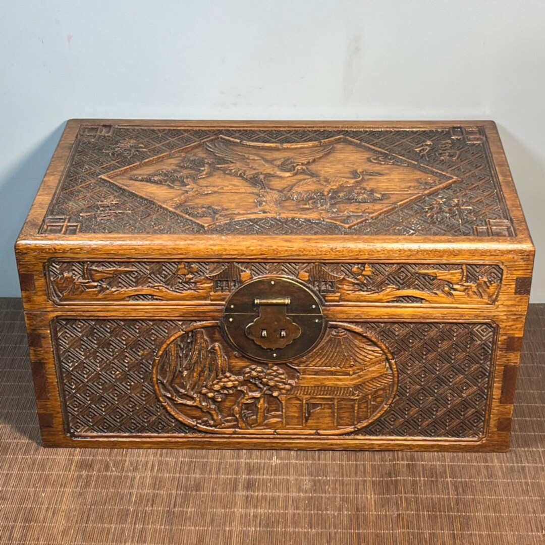 Chinese Pure Hand Carved Natural Pear Wood Pine and Crane Pattern ...