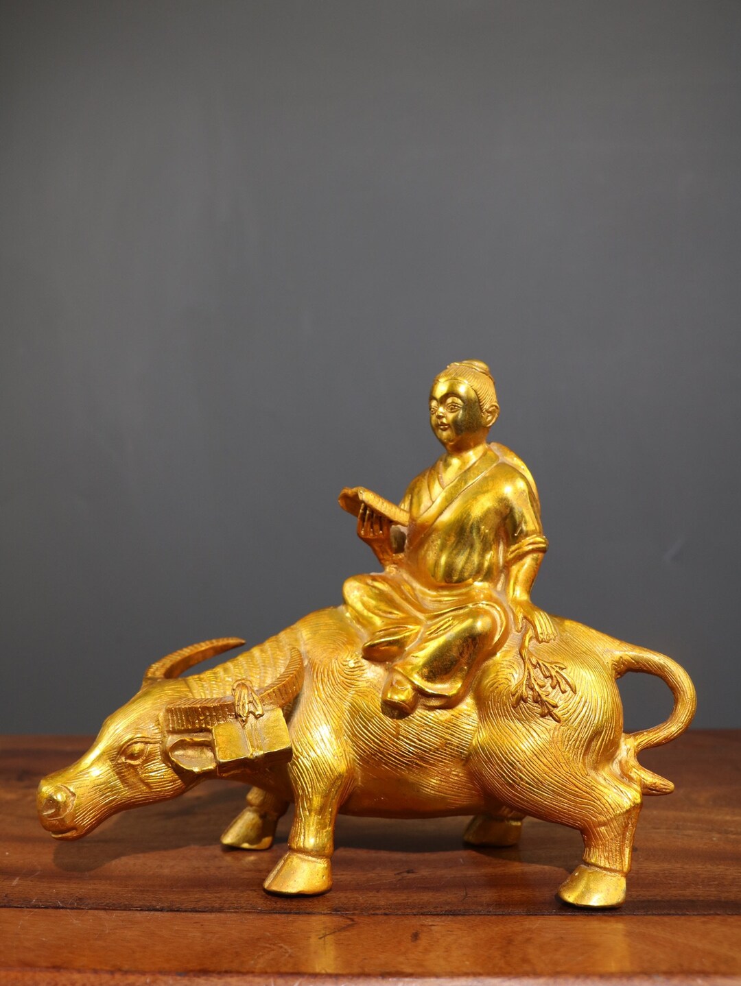 Collected Pure Copper Gilt Shepherd Boy Riding Cattle Statue,home,desk ...