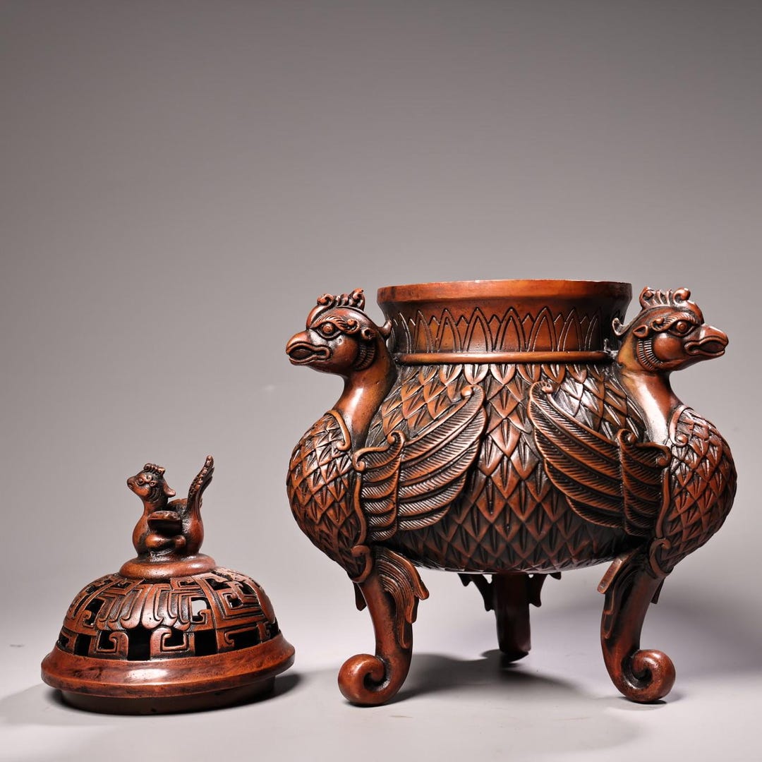 Chinese Antique Pure Copper Hand-carved Phoenix Pattern Statue Incense ...