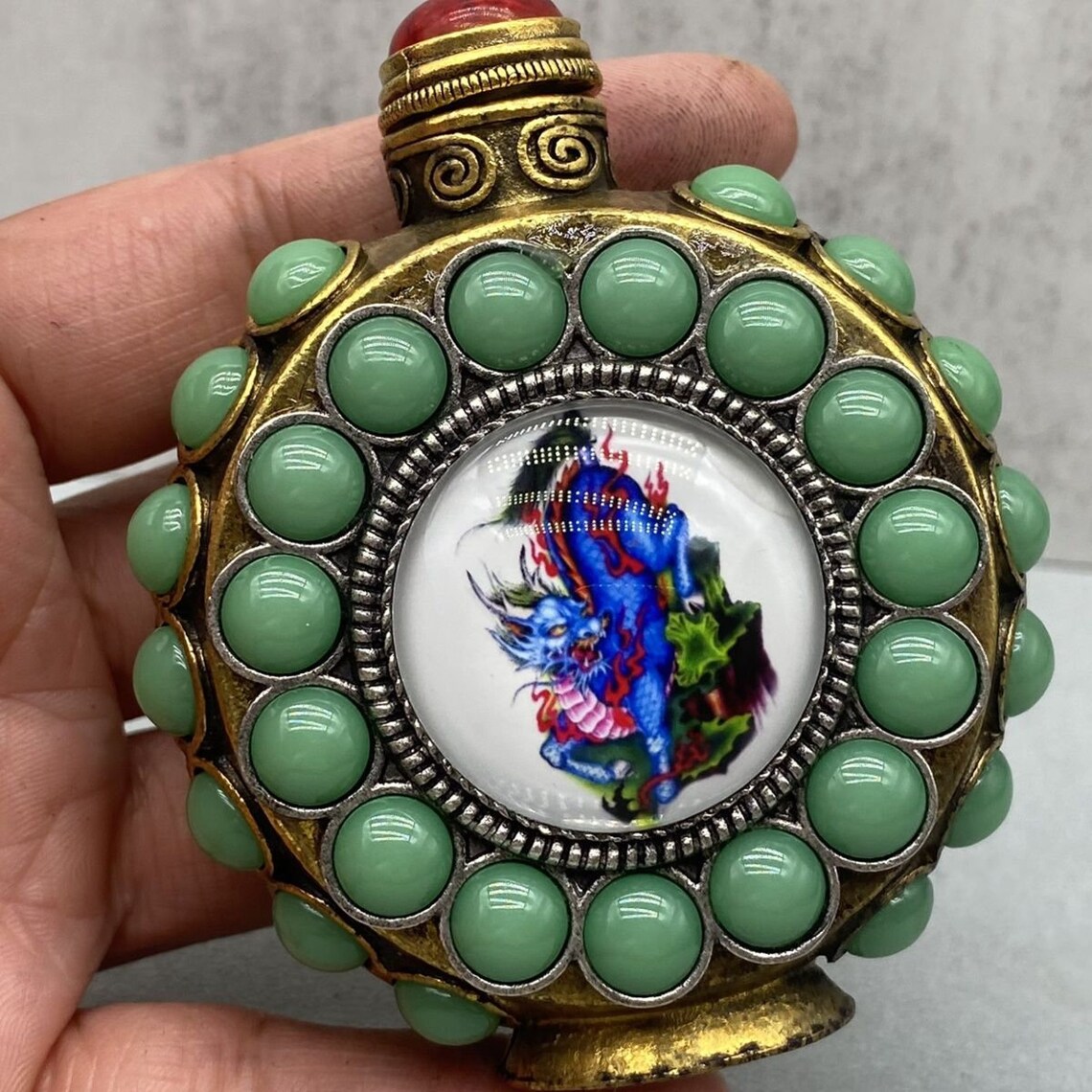 This Antique Pure Copper Snuff Bottle is Inlaid With Gems and ...