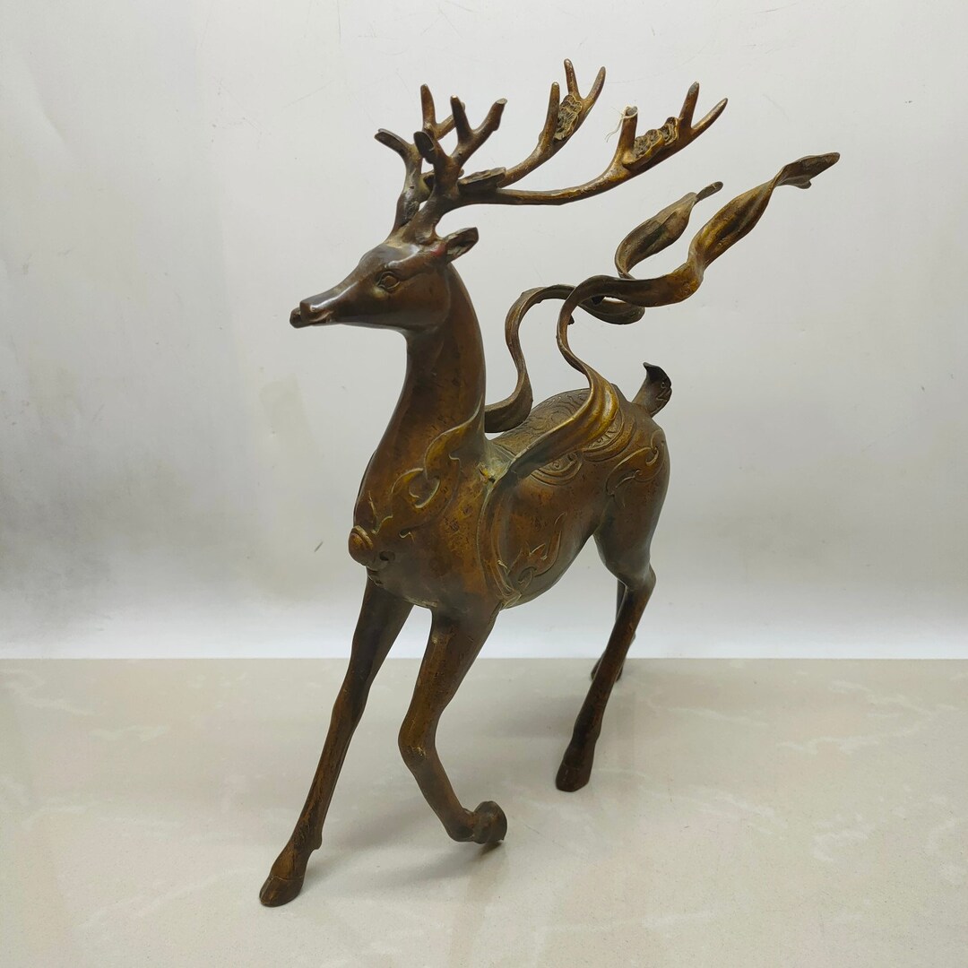 Chinese Pure Hand Carved Pure Copper Brass Lucky Deer Statue Ornaments ...