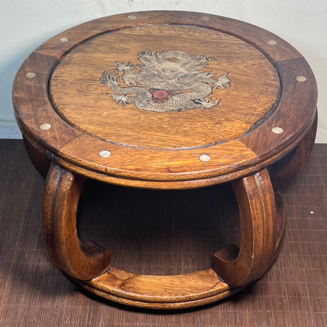 Chinese Antique Hand-carved Rosewood Inlaid Dragon Pattern Small Round ...