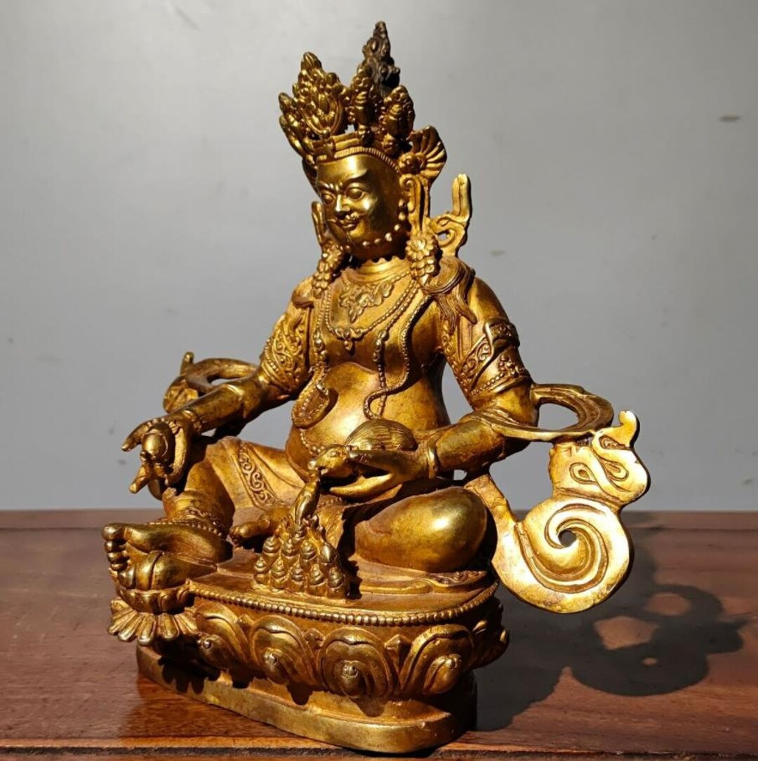 Chinese Pure Hand-carved Pure Copper Gilt Yellow God of Wealth Buddha ...