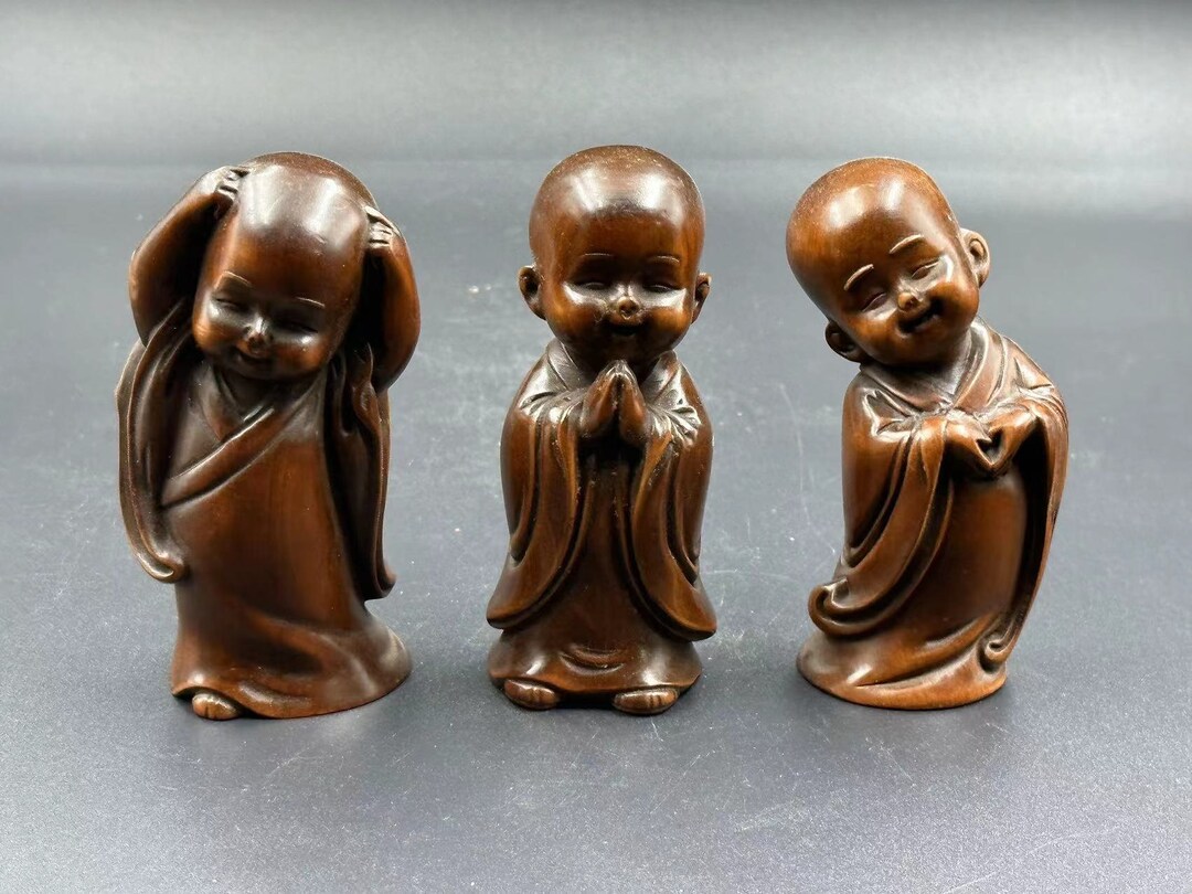 Chinese Natural Boxwood Little Monk Statue Ornaments is Pure Hand ...