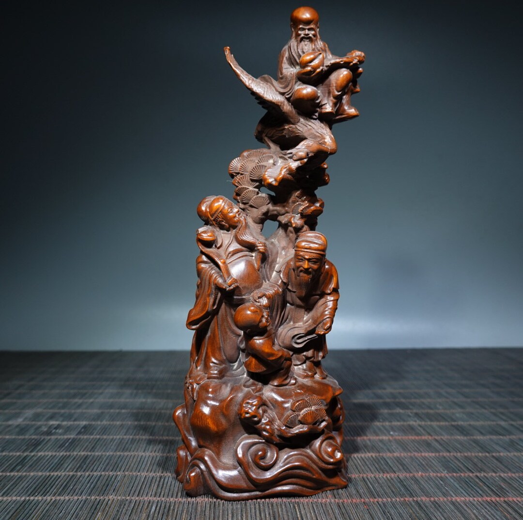 The Chinese Antique Natural Boxwood Fu Lu Shou Statue is Pure Hand ...