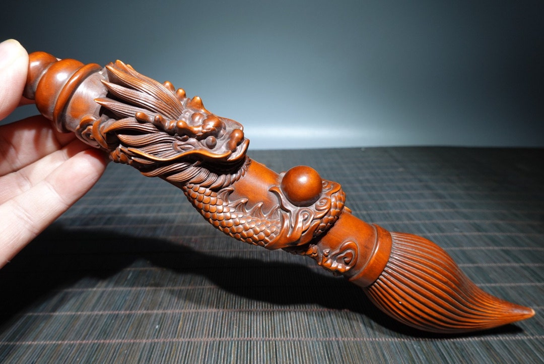 Chinese Pure Hand-carved Boxwood Dragon Pattern Ruyi Pen Ornament ...
